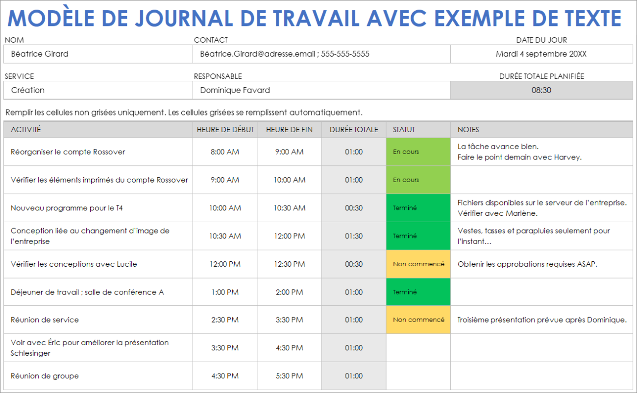 Modèles gratuits de journal de travail avec guide pratique et exemples ...