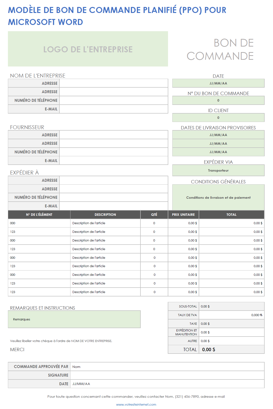 Modèles, formulaires et lettres gratuits de bons de commande pour ...
