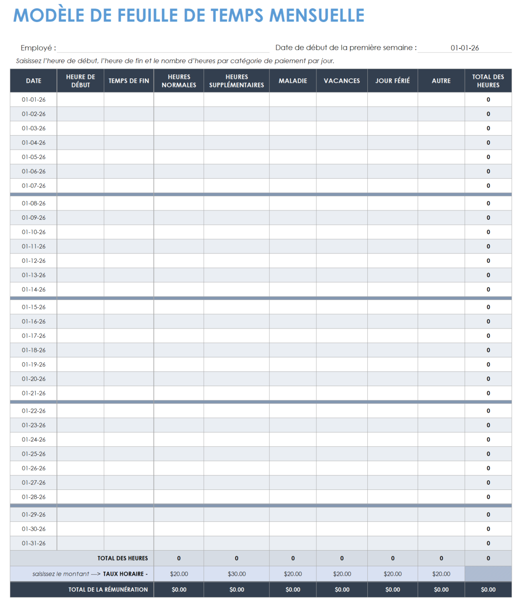 Modèles de feuille de temps Excel gratuits | Smartsheet