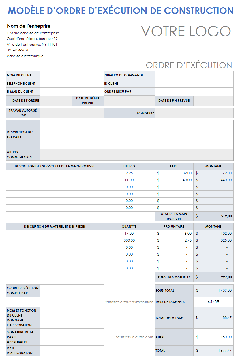 Modèles et formulaires gratuits d’ordres d’exécution de construction ...