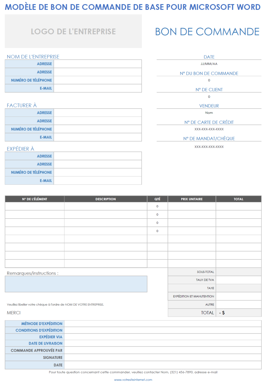 Modèles, formulaires et lettres gratuits de bons de commande pour Microsoft Word