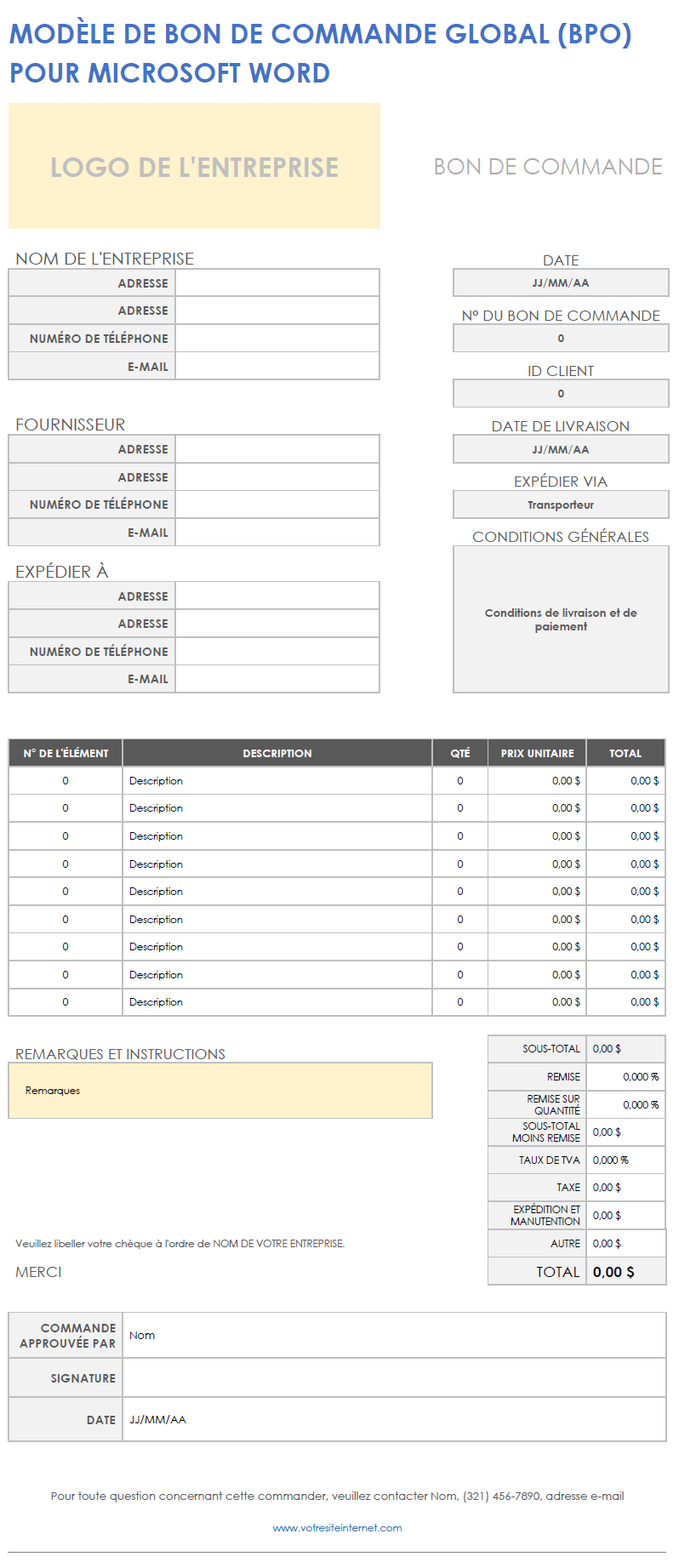 Modèles, formulaires et lettres gratuits de bons de commande pour Microsoft Word