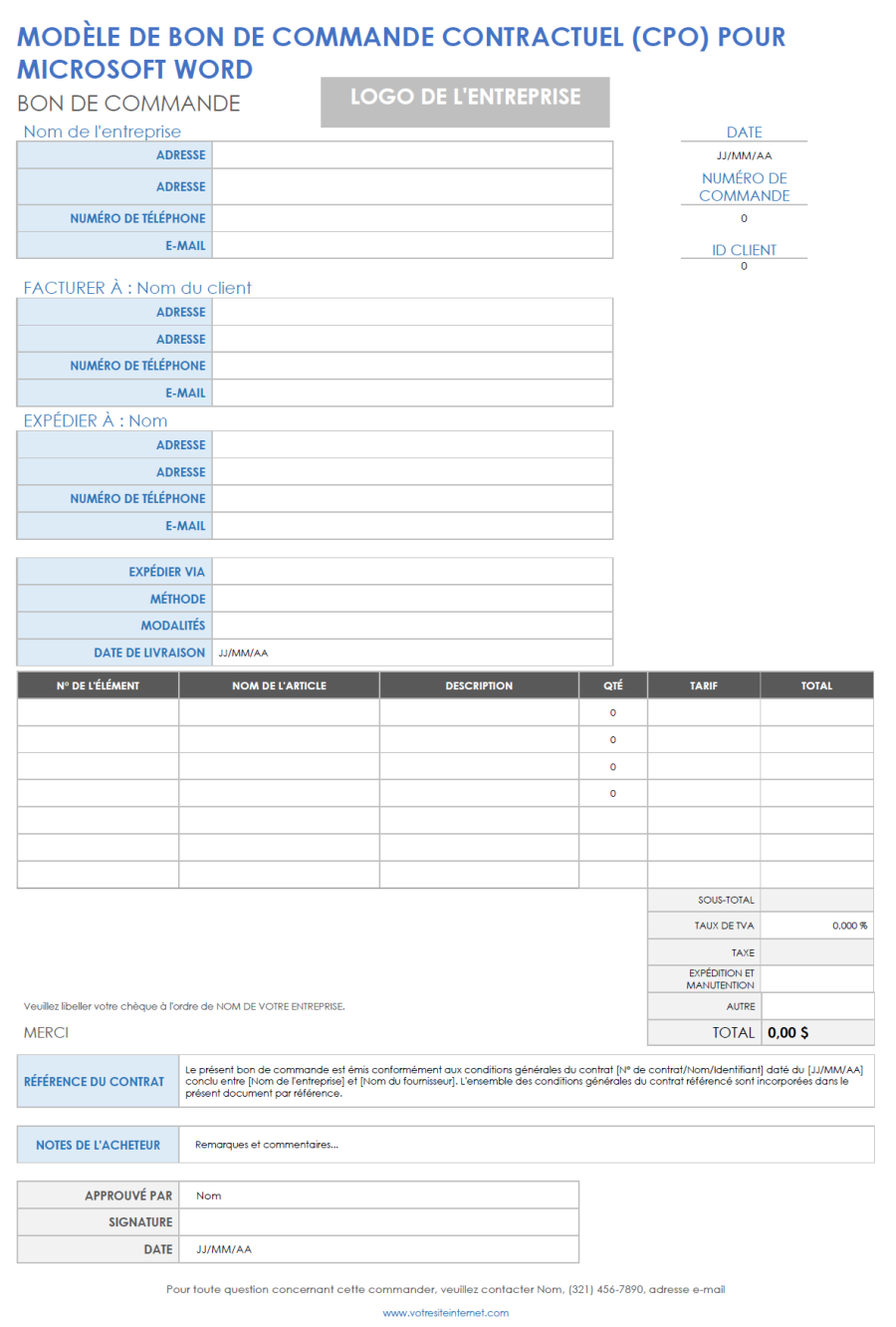 Modèles, formulaires et lettres gratuits de bons de commande pour Microsoft Word
